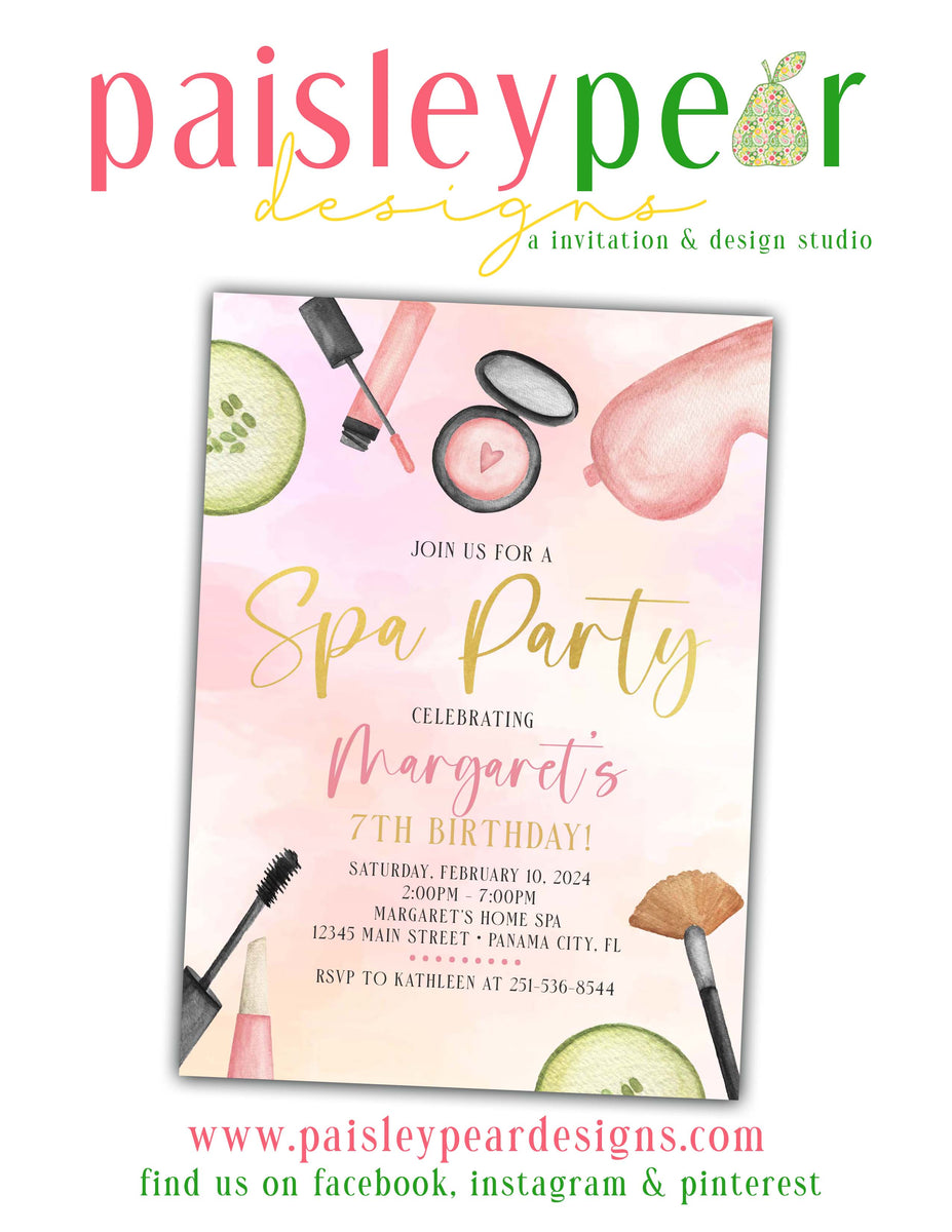 Spa Day Birthday Invitation - Digital Available – Paisley Pear Designs ...